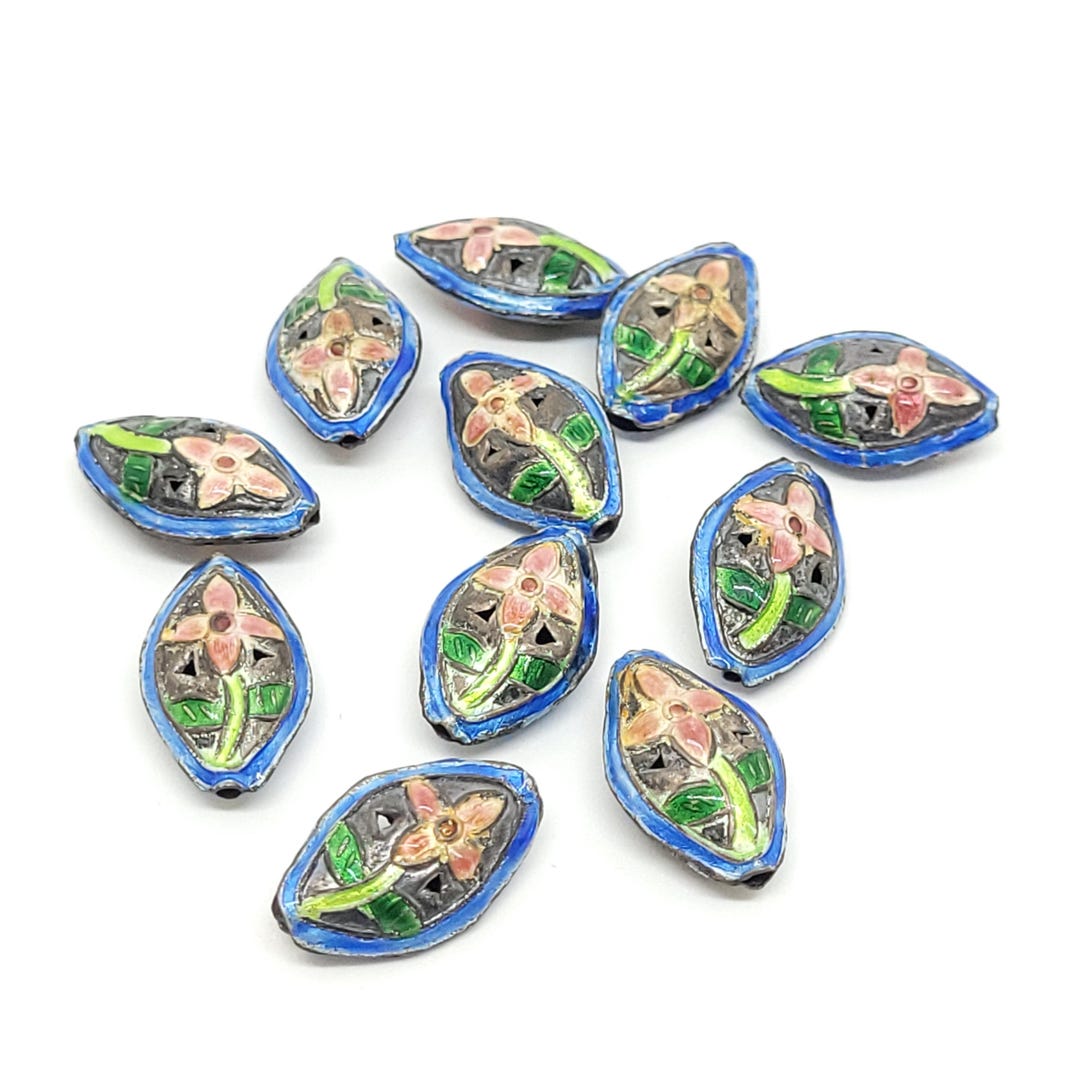 Blue & Pink Cloisonne Floral Beads - Oval 11x19mm, Floral Enamel ...