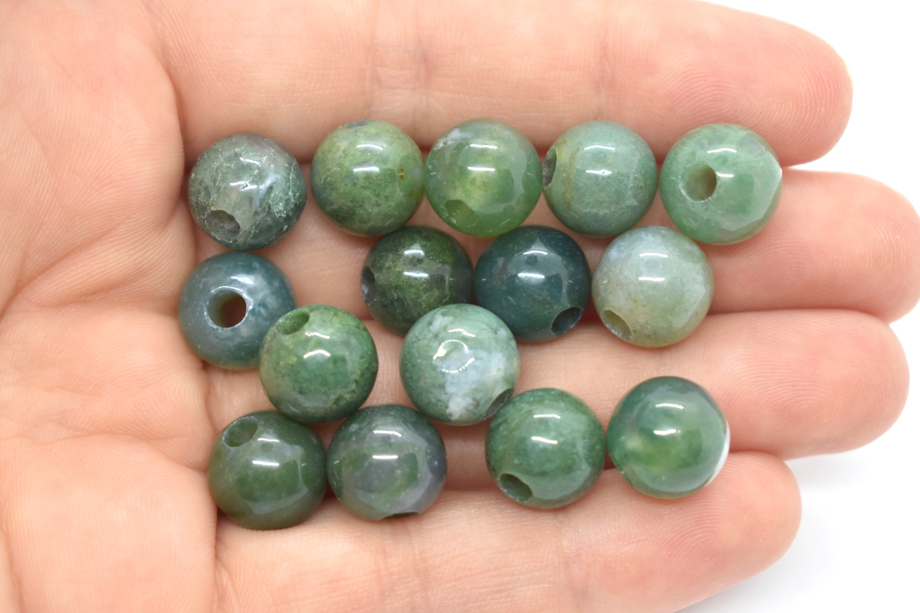 Moss Agate Big Hole Beads Natural A Grade Round Gemstone | Etsy