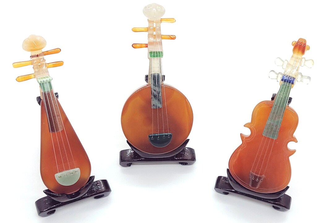 Gemstone Instrument Figurines on Wood Stands, Set of 3, Carnelian Lute ...