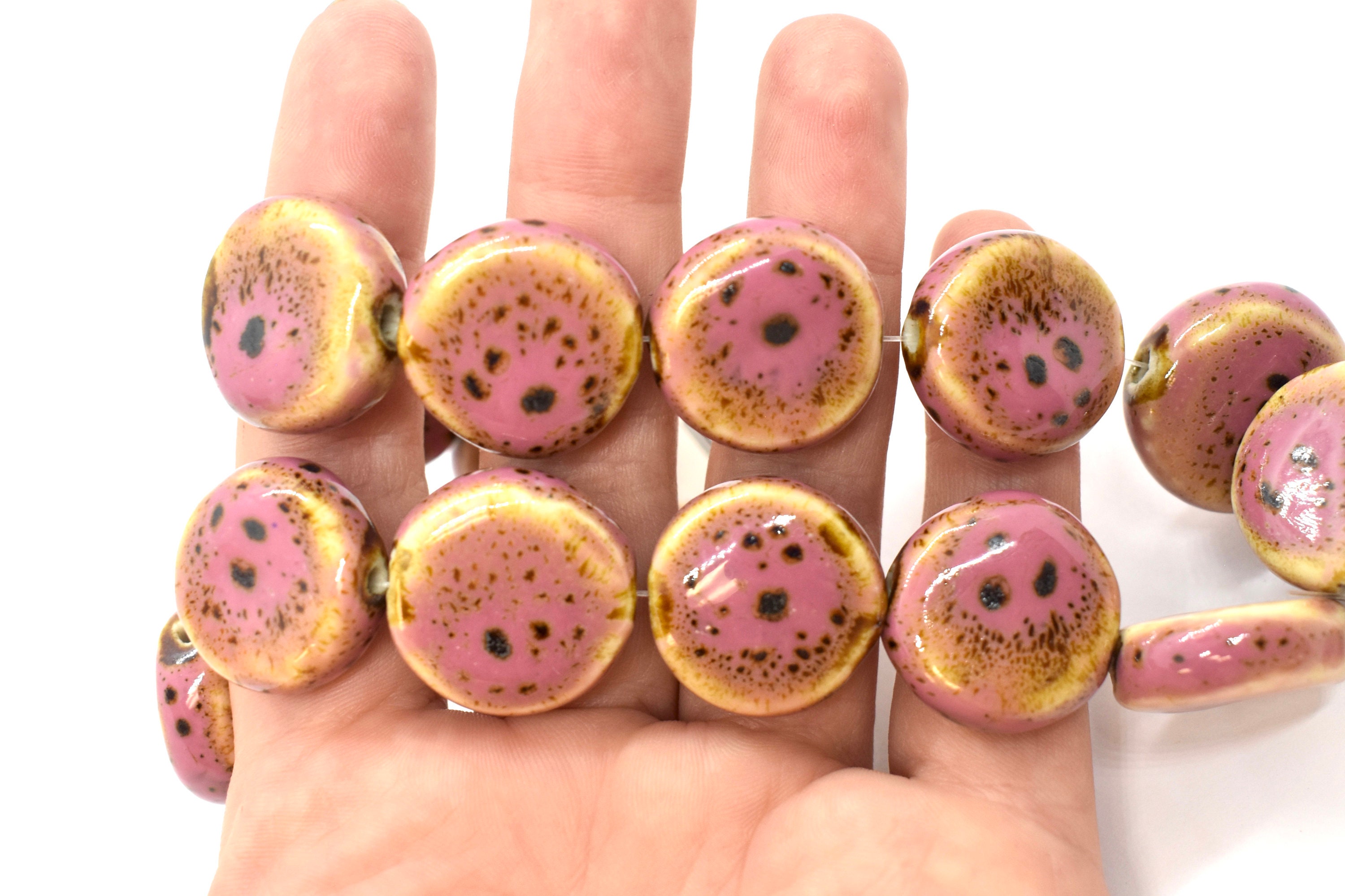 Pink Porcelain Glazed Coin Shaped Beads Ceramic Beads for | Etsy