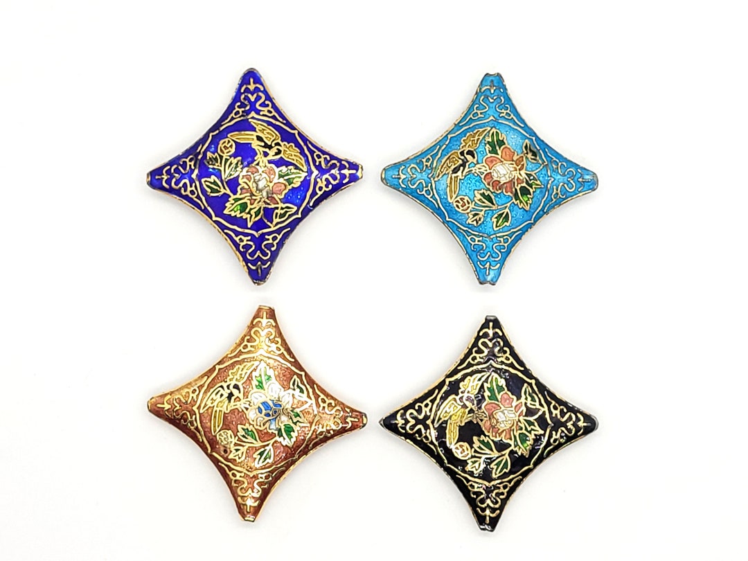 Cloisonne Puffed Diamond Focal Bead With Floral Accent, Cobalt, Aqua or ...