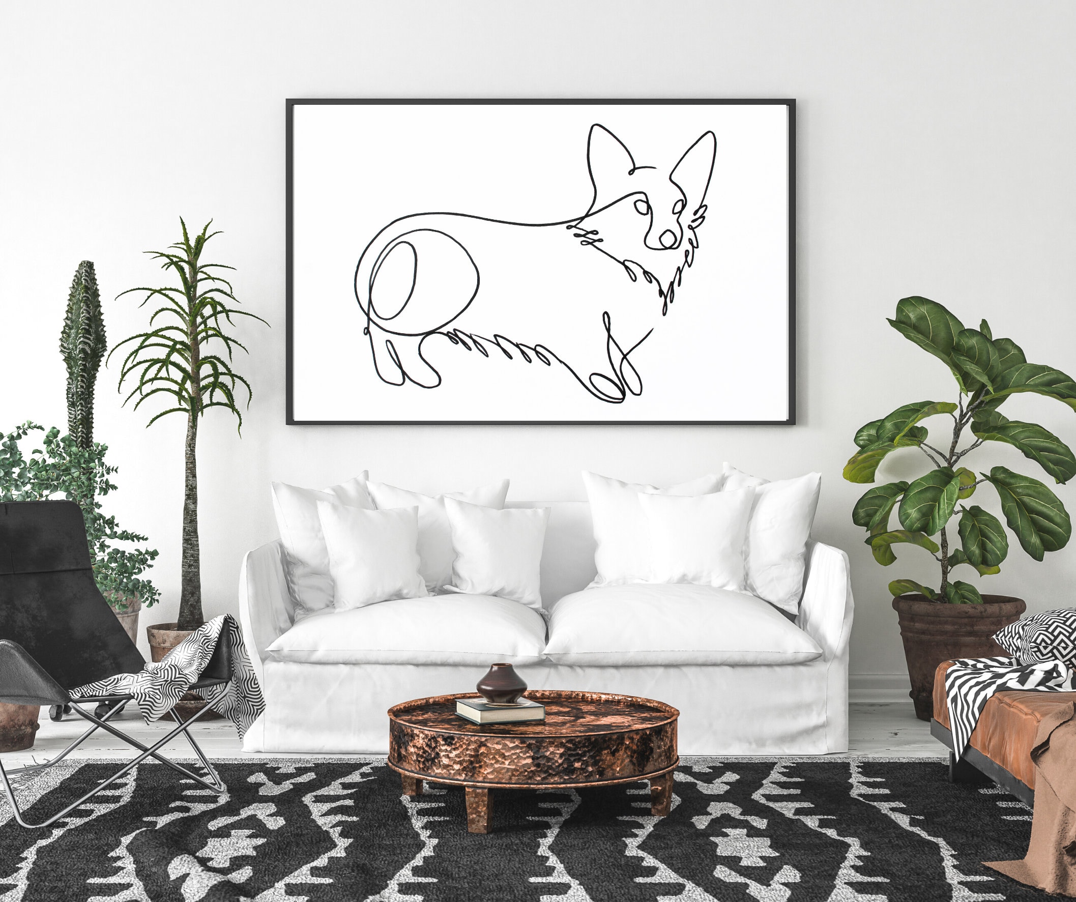 Corgi Line Drawing, Abstract Print of Simple Black & White Corgi Line ...