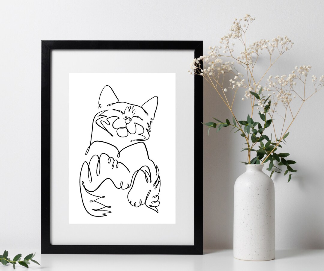 Adorable One Line Drawing of Sleeping Cat, Cute Kitty Curled up Asleep ...