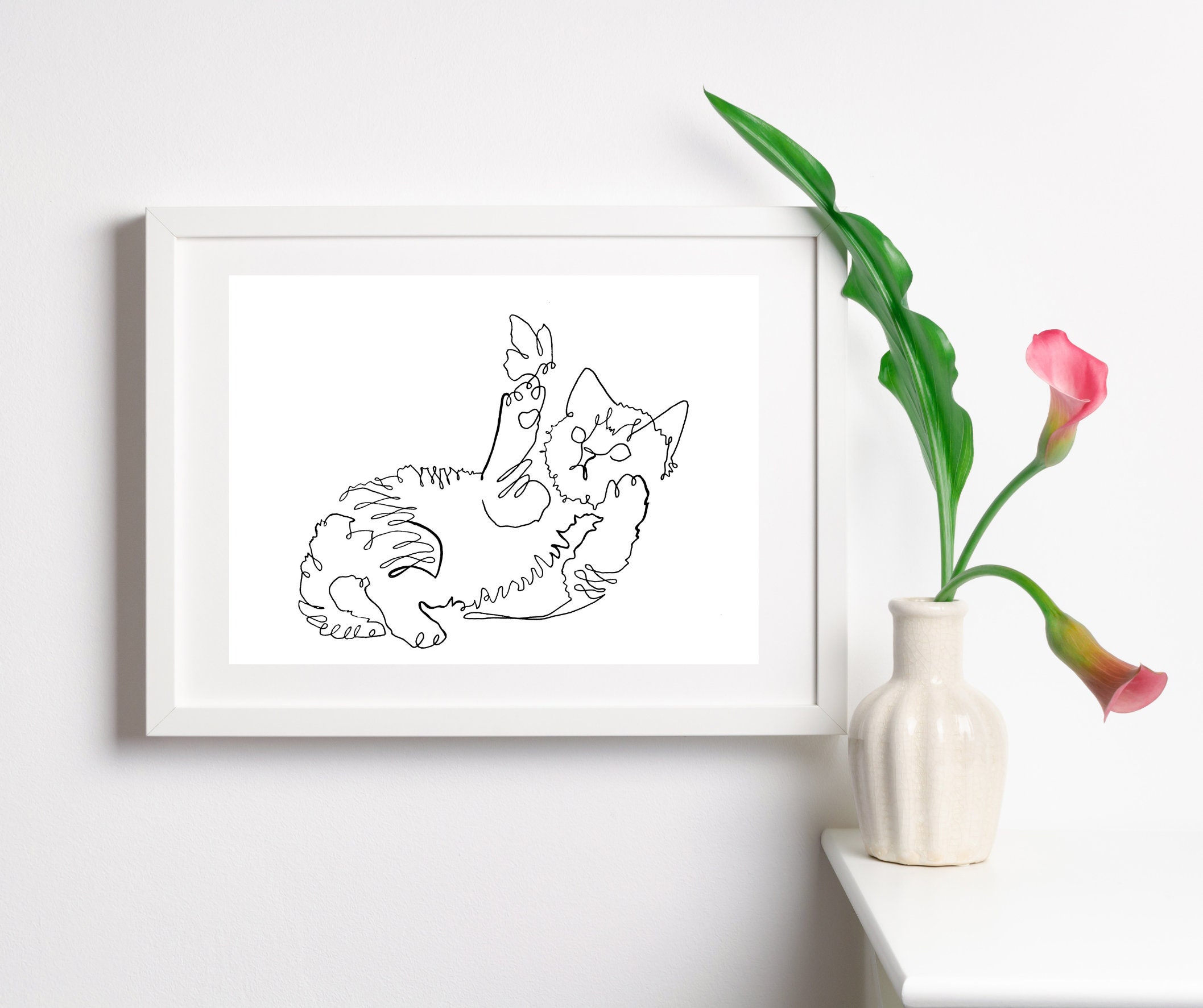 Cute Line Drawing of Kitten Playing With a Butterfly Single - Etsy
