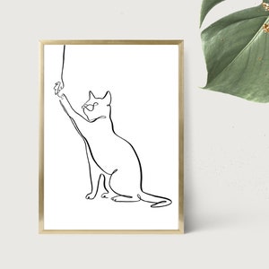 Cute Modern Line Drawing of Cat Playing With Feather, Simple Line Art ...