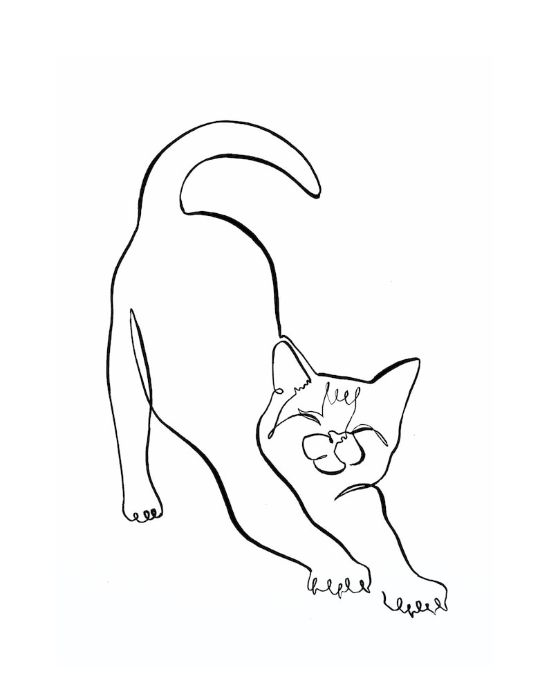 Single Line Drawing of a Cat Stretching, Cat Doing Big Stretch ...
