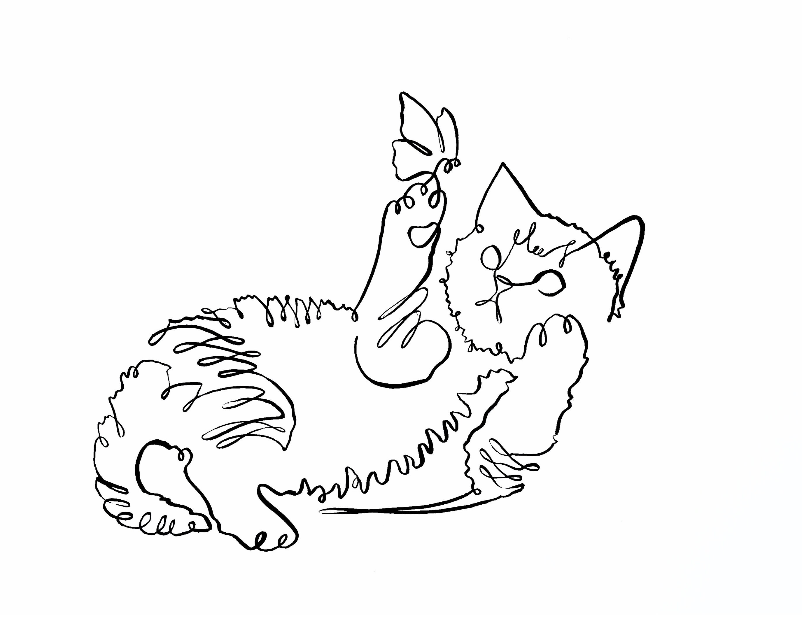 Cute Line Drawing of Kitten Playing With a Butterfly Single - Etsy