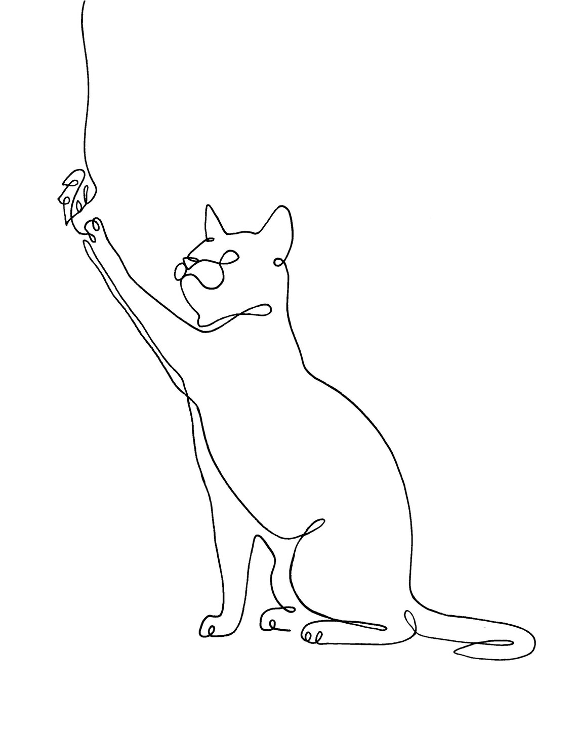 Cute Modern Line Drawing of Cat Playing With Feather, Simple Line Art ...