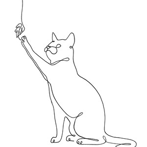 Cute Modern Line Drawing of Cat Playing With Feather, Simple Line Art ...