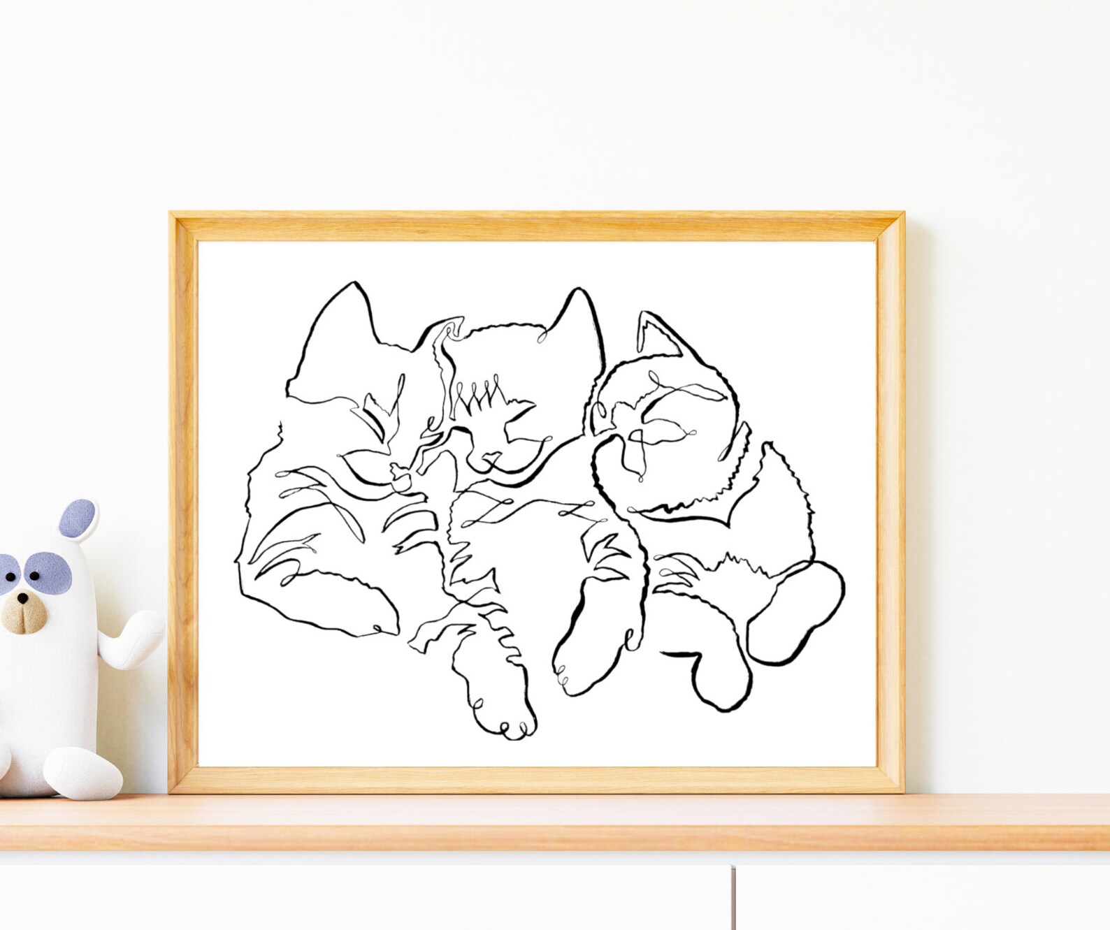 Simple One Line Drawing of 3 Kittens Sleeping Together, Art Print ...
