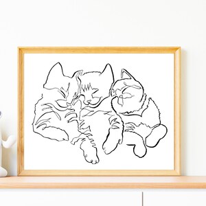 Simple One Line Drawing of 3 Kittens Sleeping Together, Art Print ...