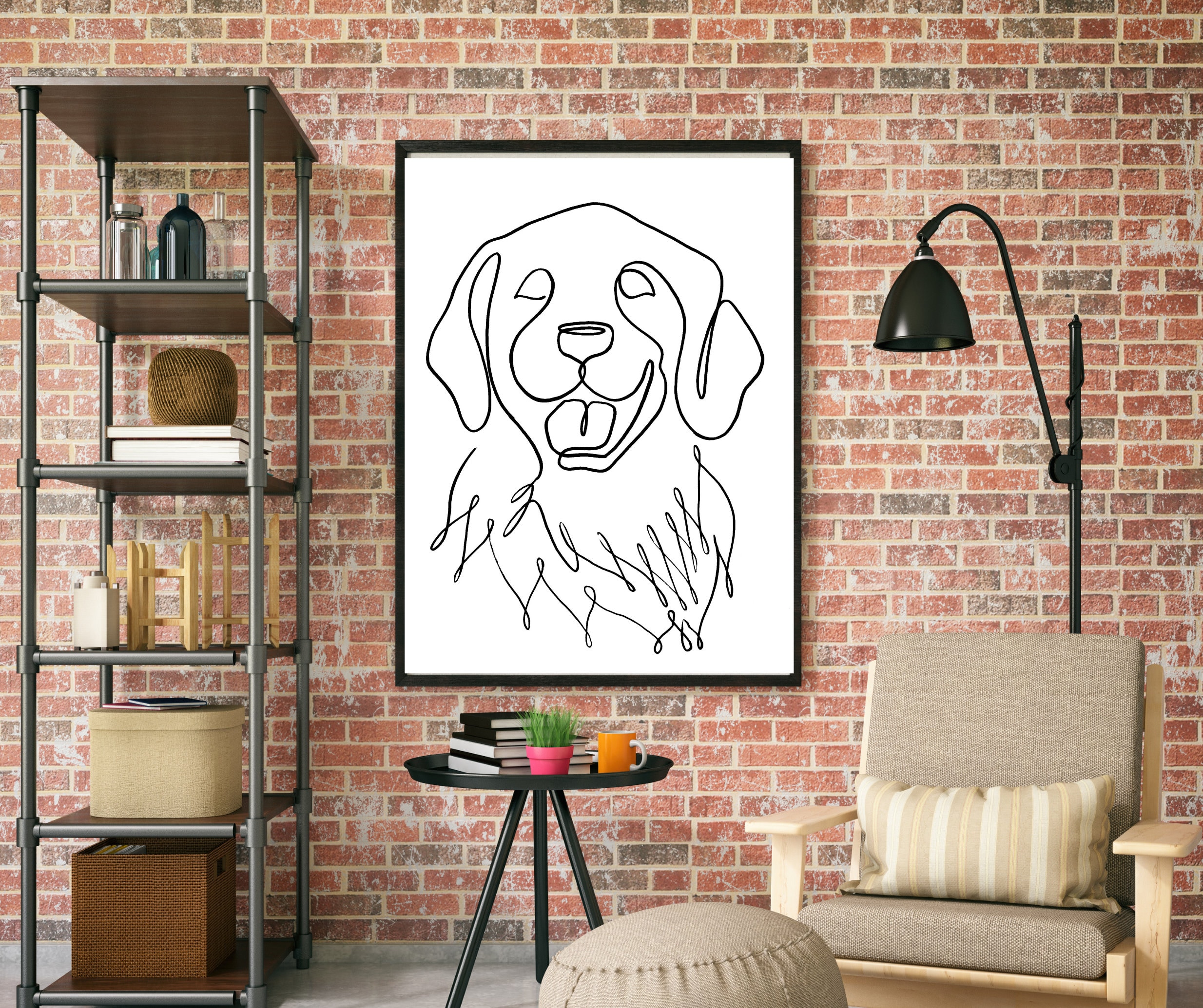 Simple Modern Line Drawing of Happy Golden Retriever, Digital Print of ...