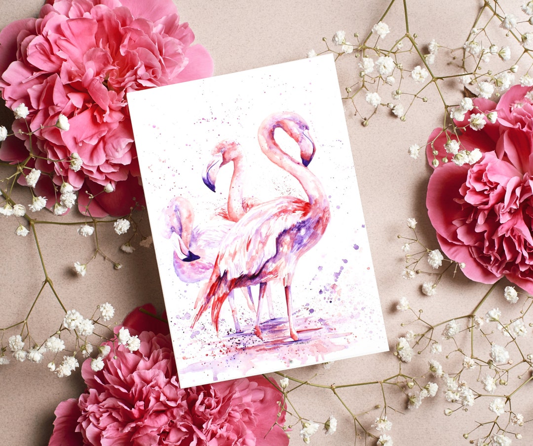 Pink Flamingo Greeting Card With Multiple Flamingos, Watercolor Card ...