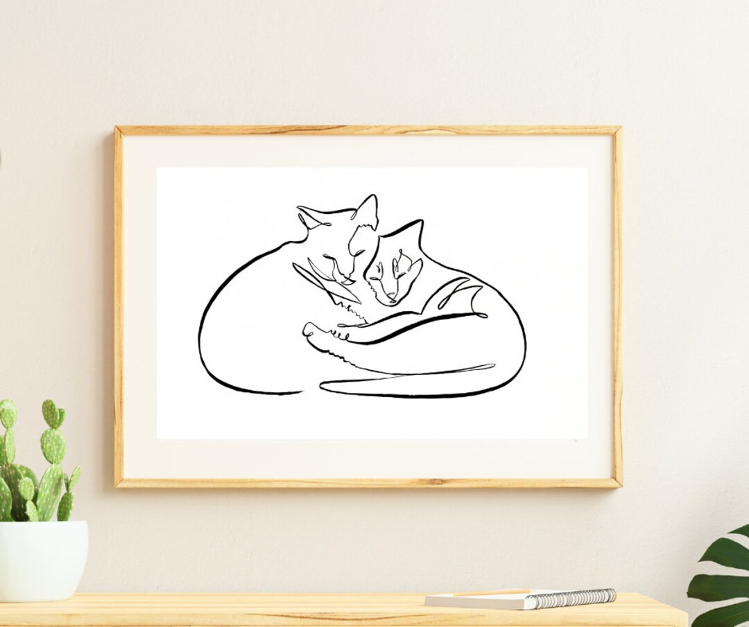 Adorable Single Line Drawing of Two Cats Snuggling, Digital Print of ...