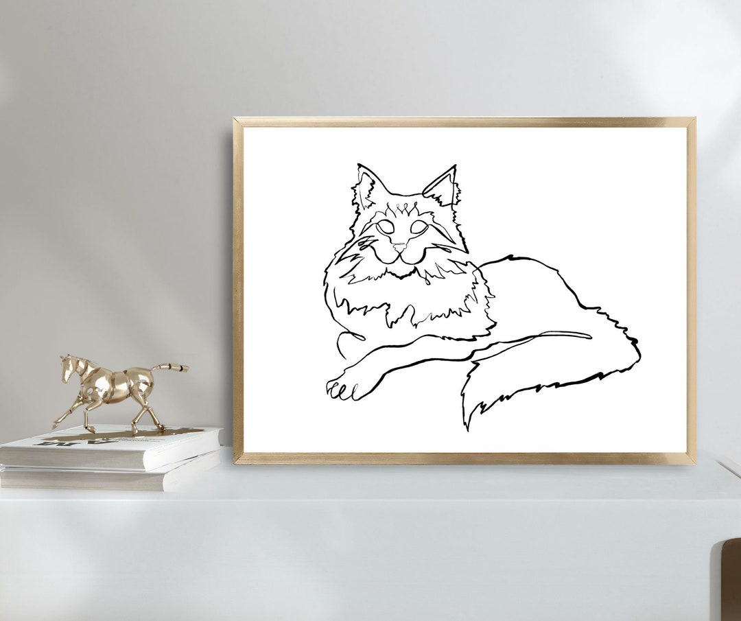 Simple One Line Drawing of Maine Coon Cat, Cat Line Drawing Fine Art ...