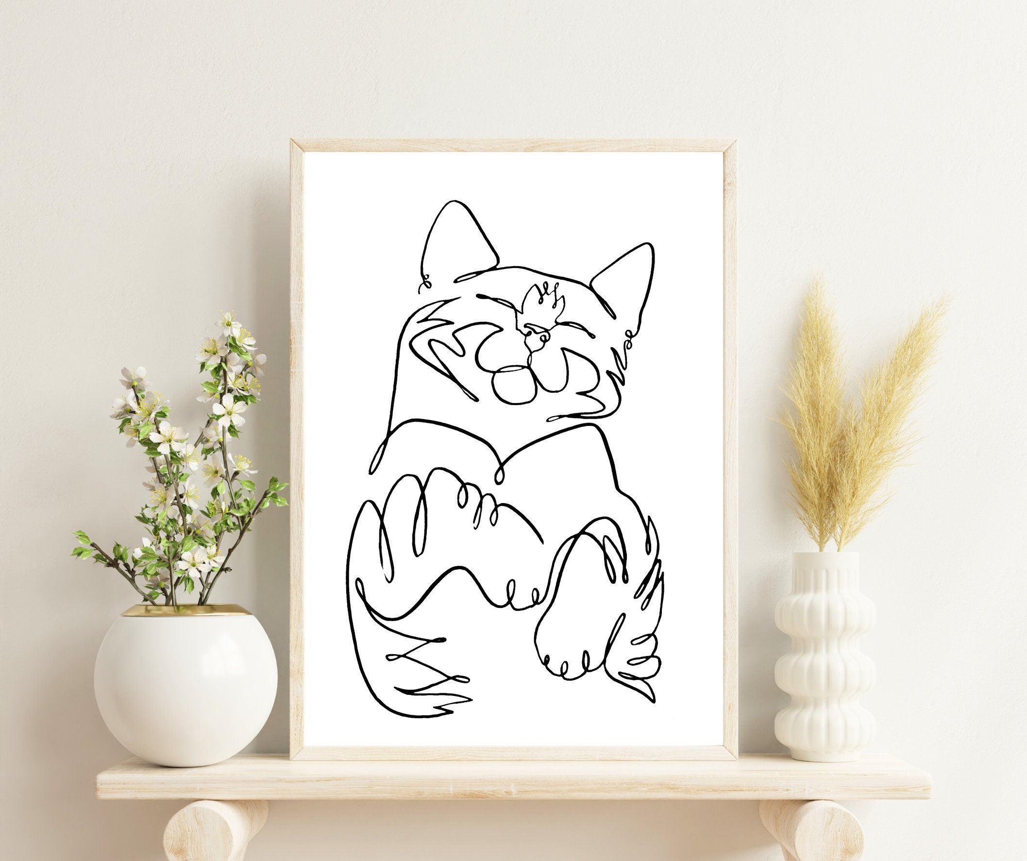 Adorable One Line Drawing of Sleeping Cat, Cute Kitty Curled up Asleep ...