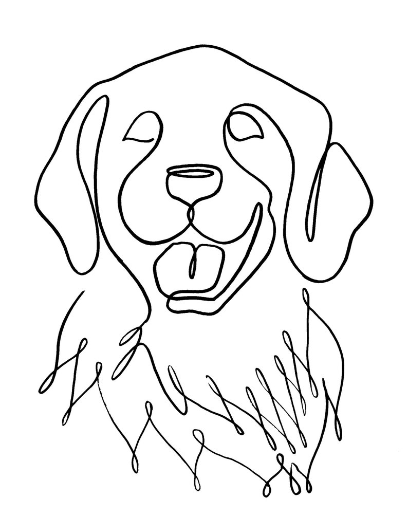 Simple Modern Line Drawing of Happy Golden Retriever, Digital Print of ...