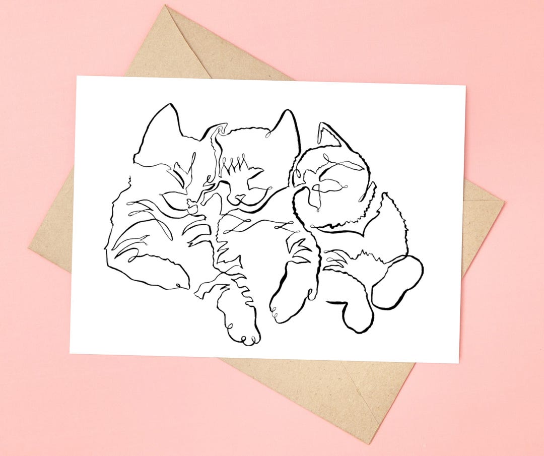 Cuddly Kitten Greeting Card, Single Line Cat Drawing All Occasion Blank ...