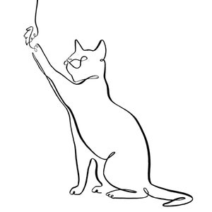 Cute Modern Line Drawing of Cat Playing With Feather, Simple Line Art ...
