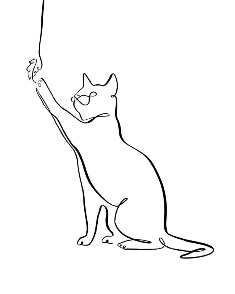 Cute Modern Line Drawing of Cat Playing With Feather, Simple Line Art ...