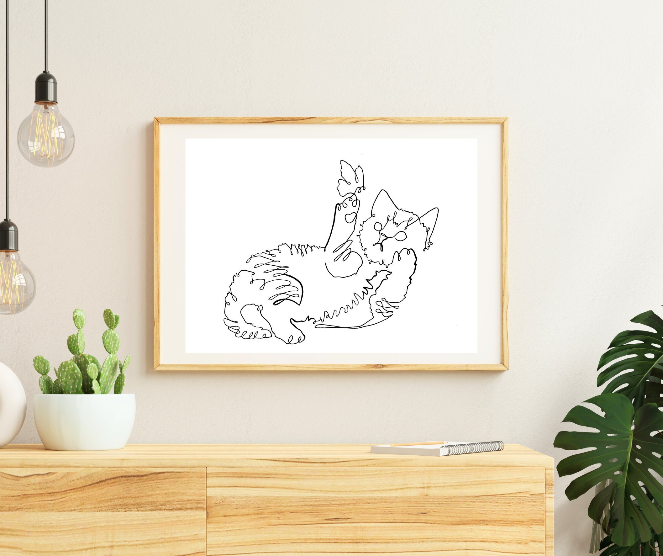 Cute Line Drawing of Kitten Playing With a Butterfly Single - Etsy