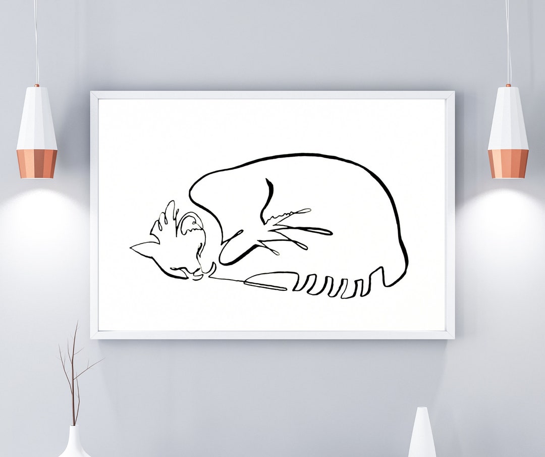Cute Line Drawing of Sleeping Kitty, Fine Art Print of Cat Napping ...