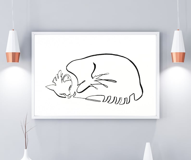Cute Line Drawing of Sleeping Kitty, Fine Art Print of Cat Napping ...