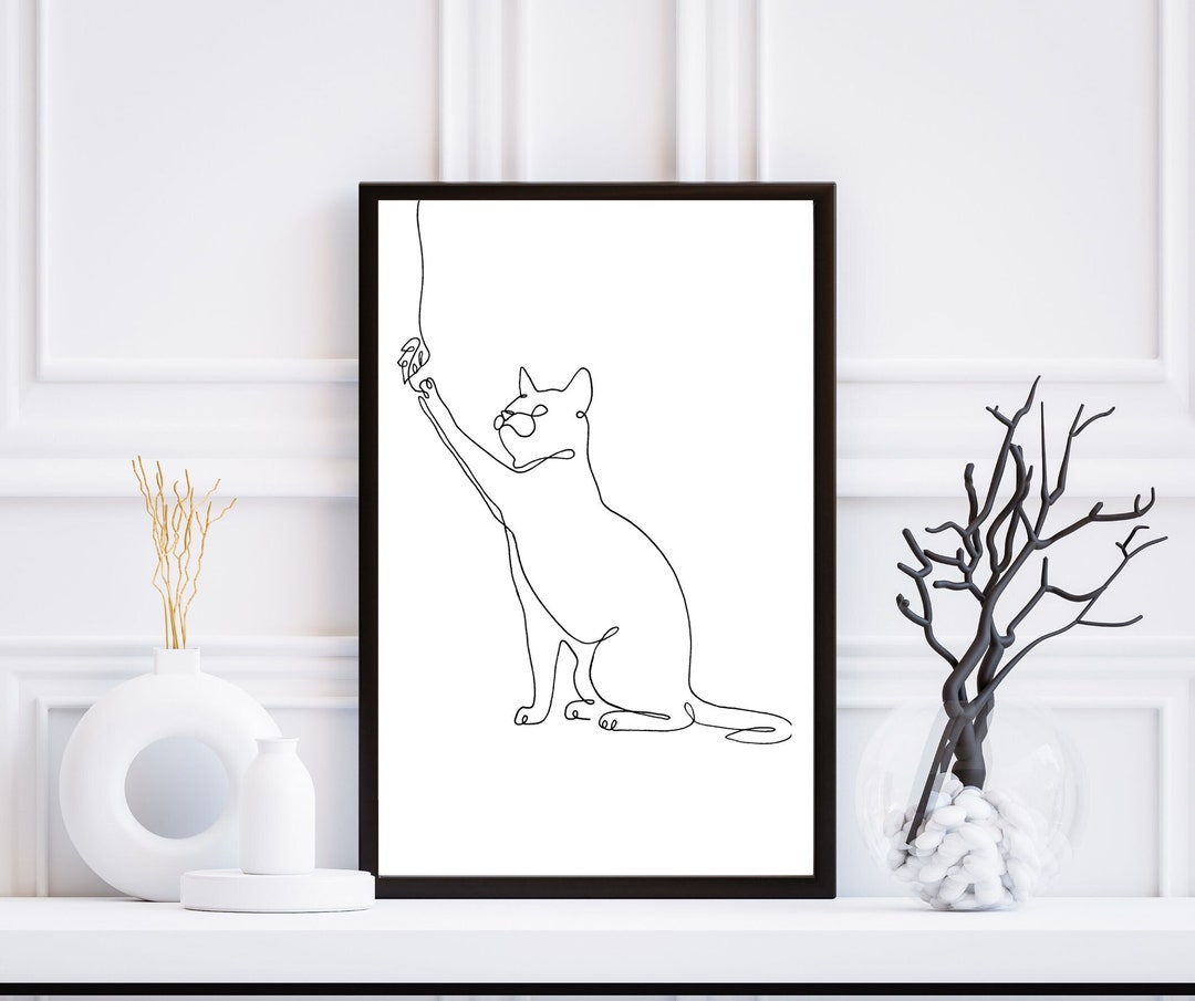 Cute Modern Line Drawing of Cat Playing With Feather, Simple Line Art ...