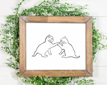 Playful Kittens Single Line Art Print: Black and White Cat Drawing ...