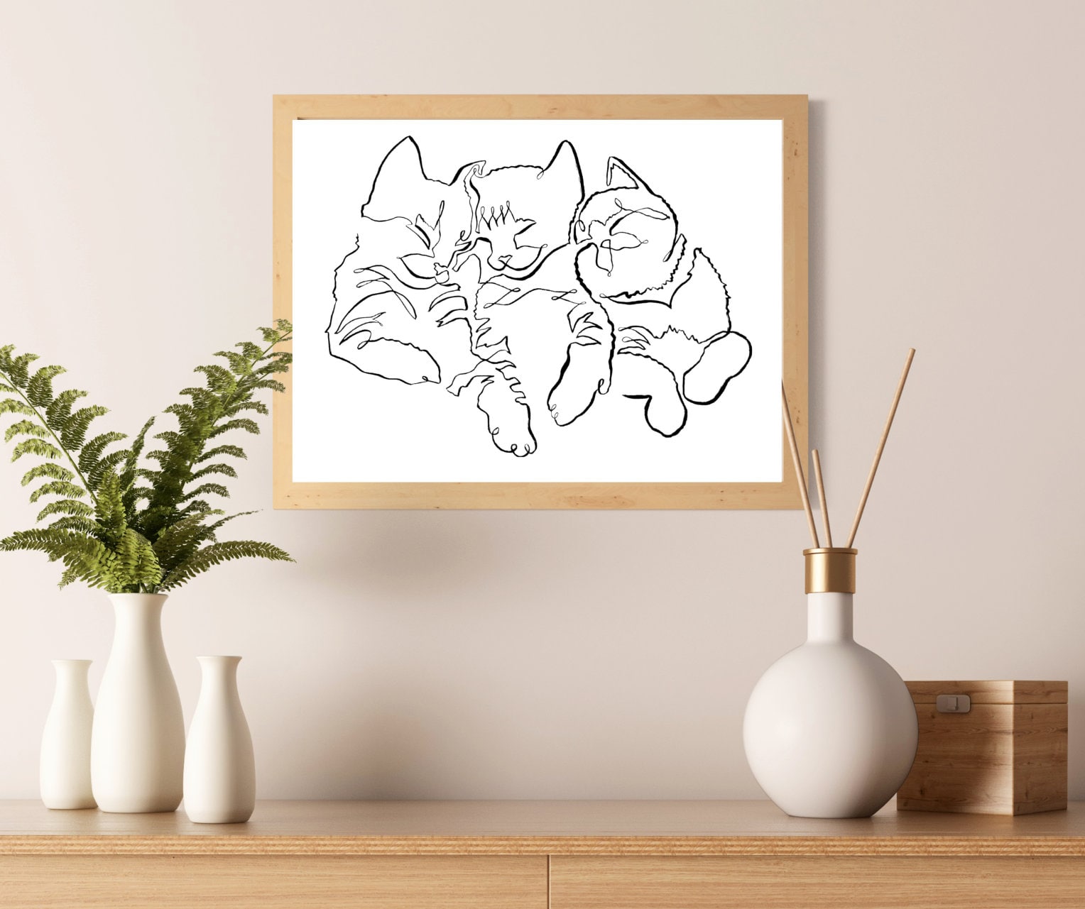 Simple One Line Drawing of 3 Kittens Sleeping Together, Art Print ...