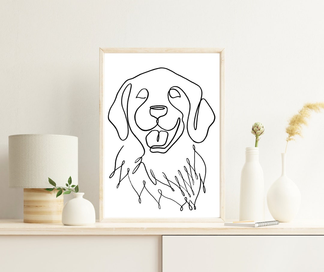 Simple Modern Line Drawing of Happy Golden Retriever, Digital Print of ...