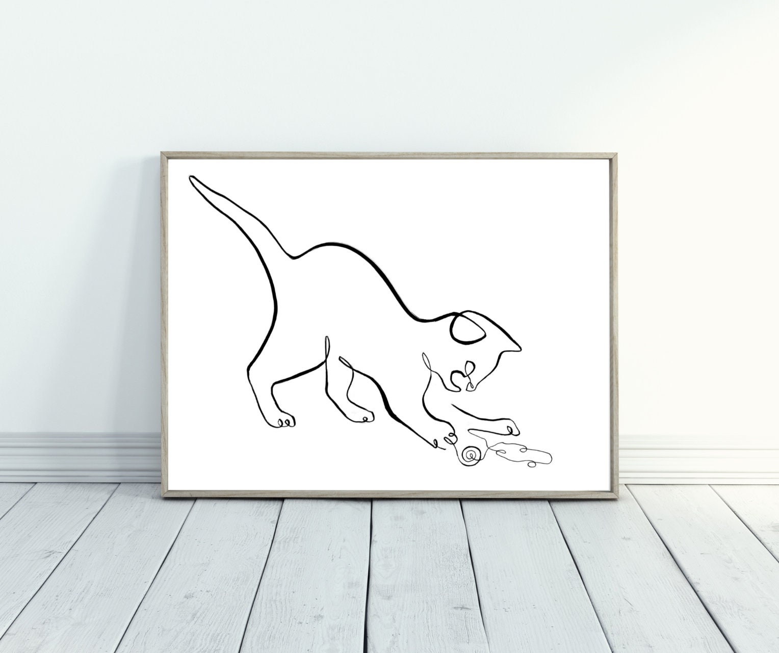 Modern Line Art Print of Cat Playing With String, Cat Line Art Drawing ...