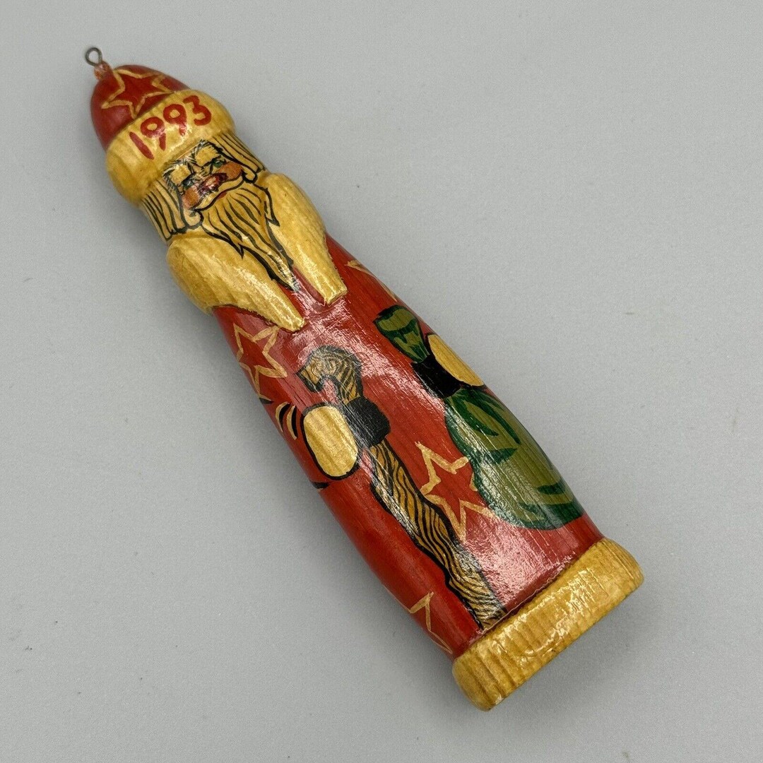Vtg Russian Wooden Hand Painted Carved Red Santa Christmas Ornament ...