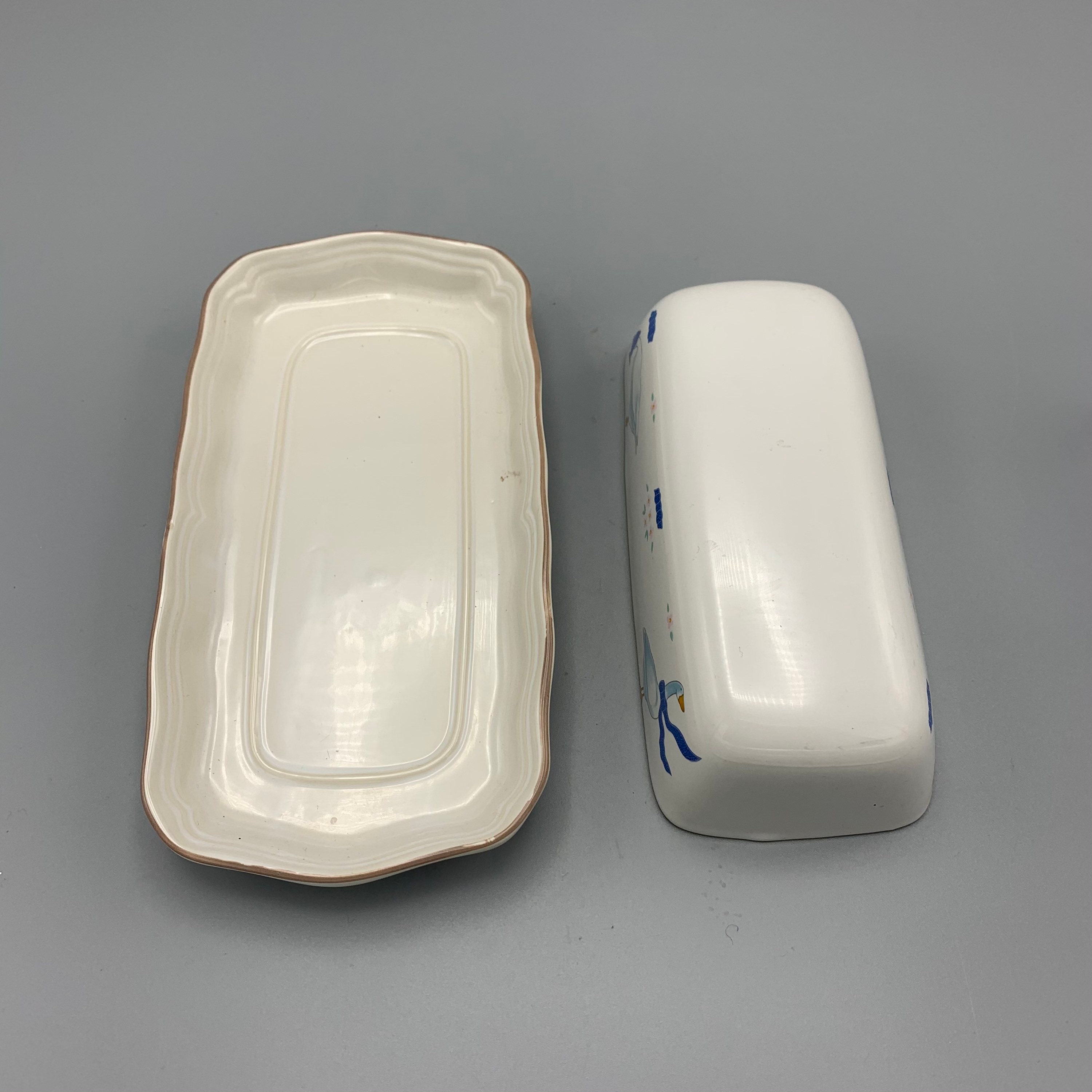 Vintage Countryside Blue Bow Goose Butter Dish Geese Wearing Blue With ...