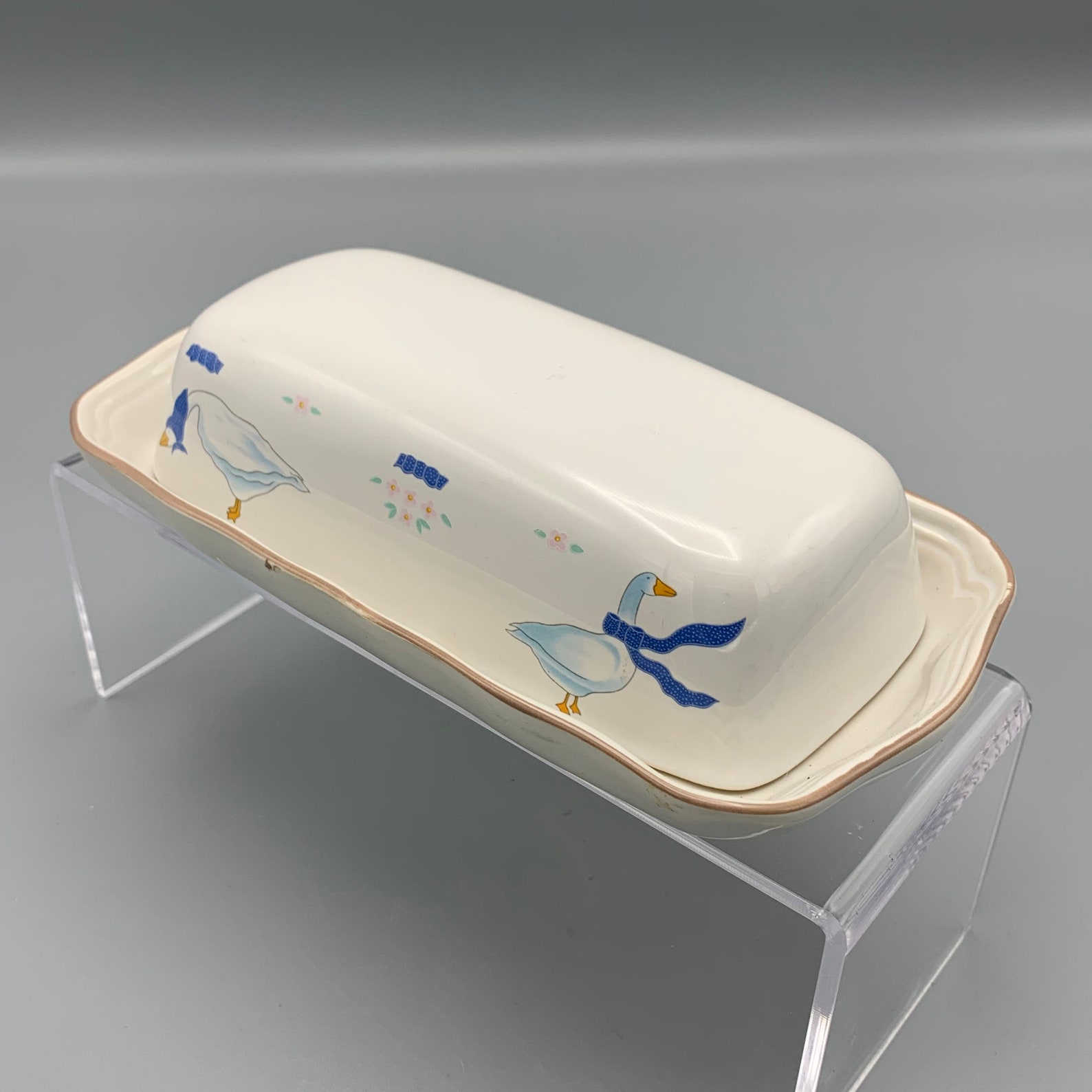 Vintage Countryside Blue Bow Goose Butter Dish Geese Wearing Blue With ...