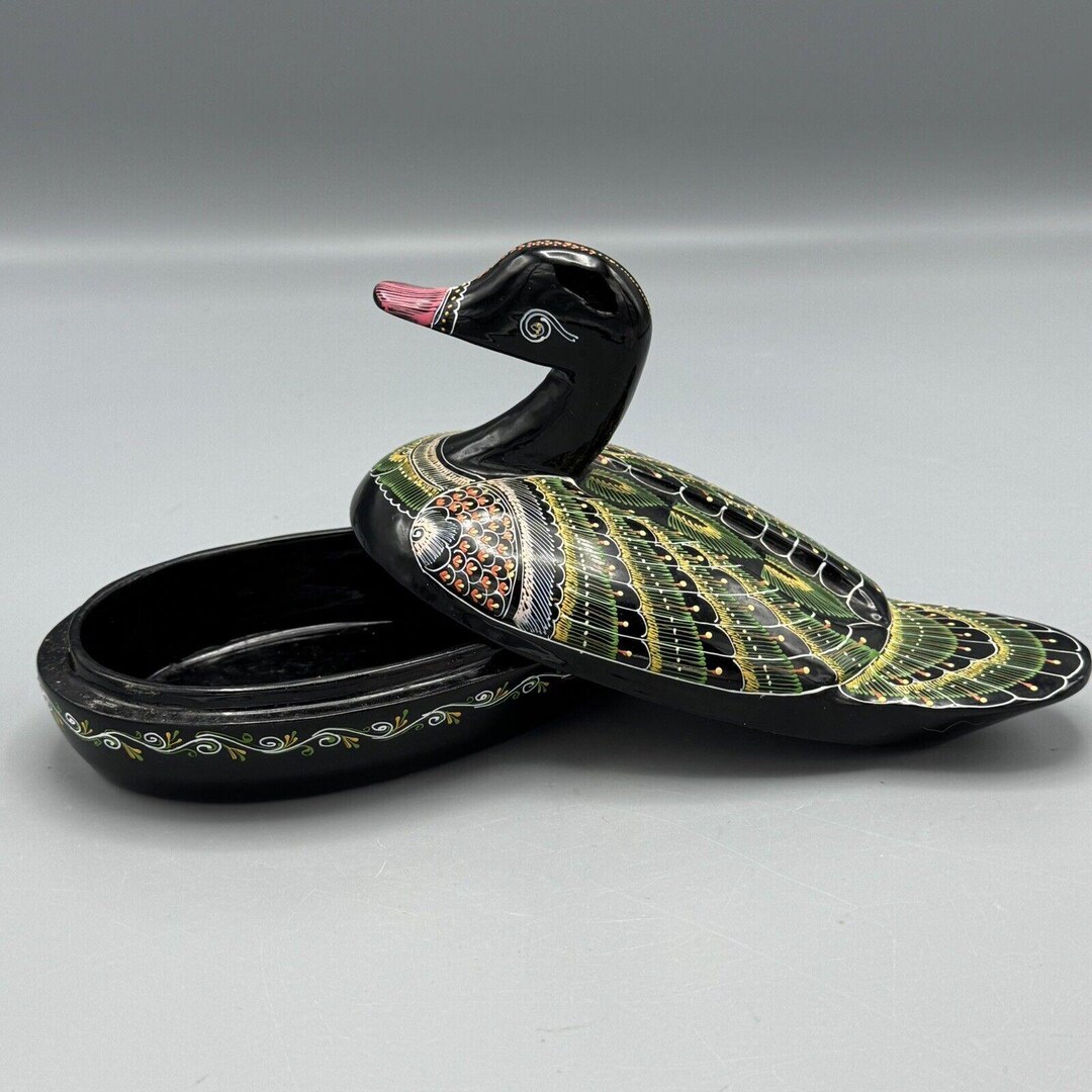 Vtg Thailand Paper Mache Duck Tinket Box Handmade Hand Painted Decoy ...