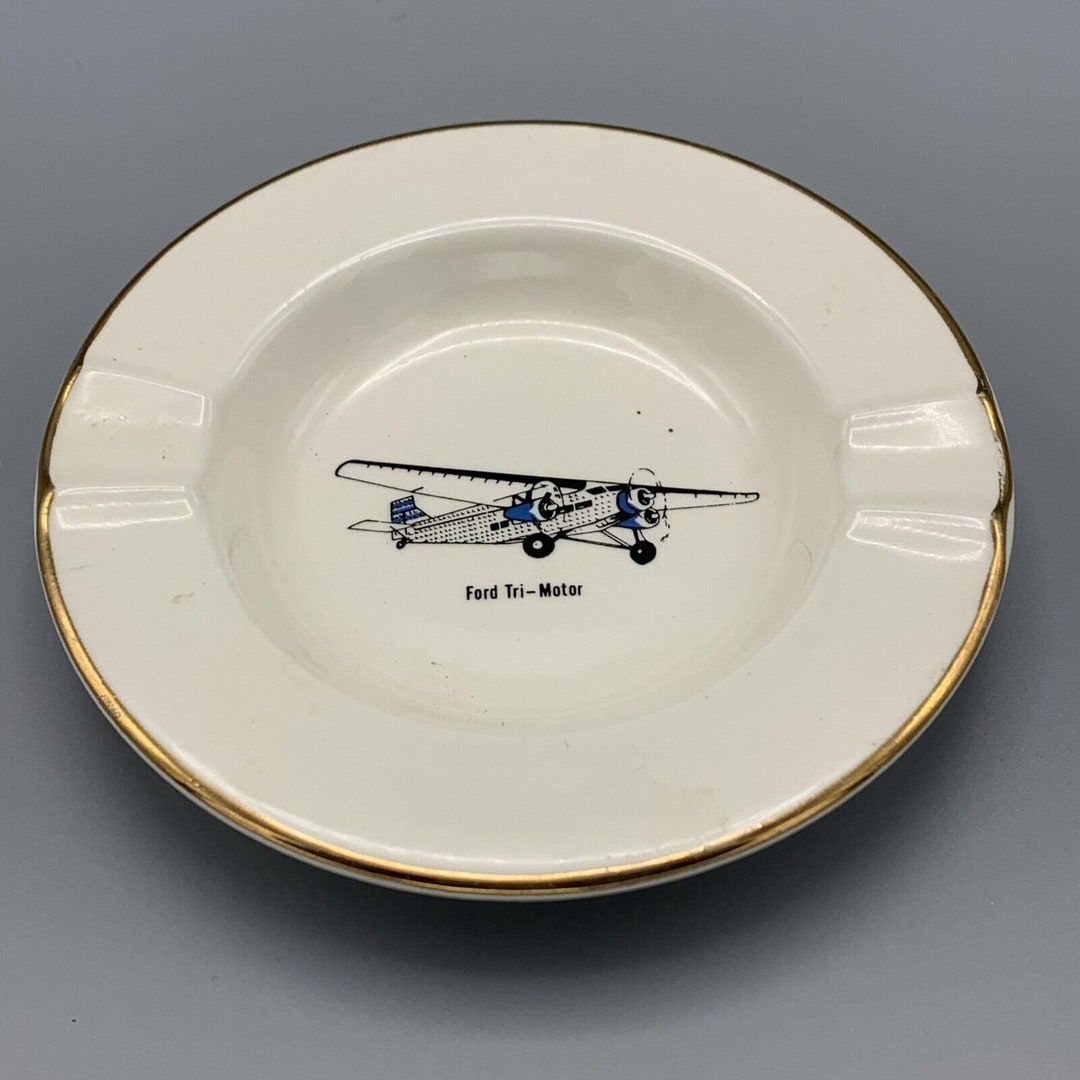 Vintage Ford Tri Motor Ceramic Airplane Ashtray Gold Gild Trim Flying ...
