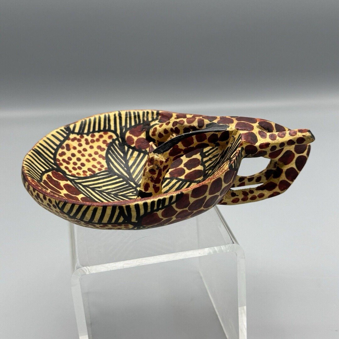 Vtg Hand Carved Painted Wooden Giraffe Drinking From Bowl Trinket Dish ...