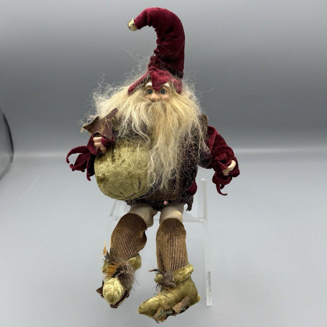 Vtg Christmas Forest Elf Troll Santa Sitting Figurine Fabric Blue Glass ...