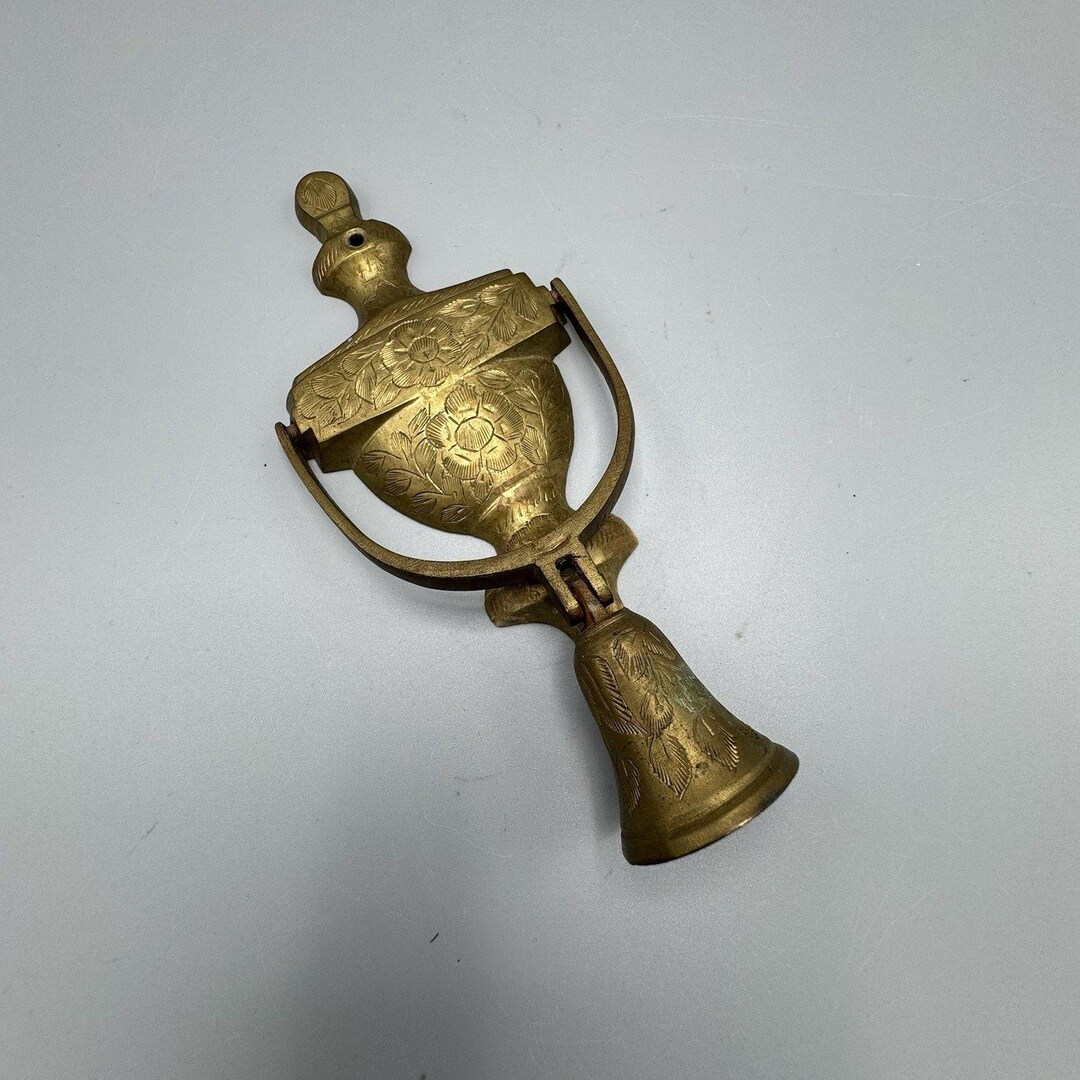 Vtg Brass Door Knocker With Bell Etched Floral Design Patina ...