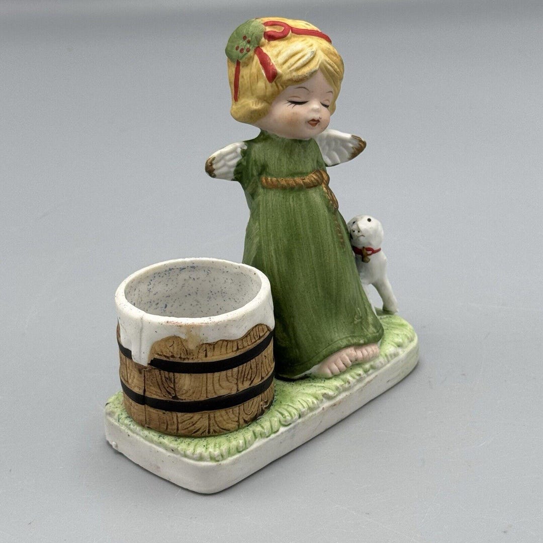 Angel Holding Gift Figurine Lamb Dog Votive Toothpick Holder Christmas ...