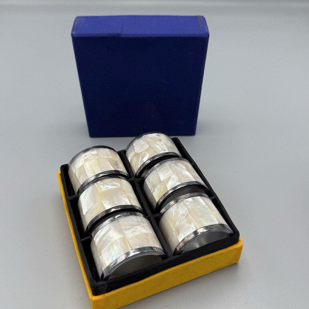 Vtg Inlay Mother of Pearl Abalone Shell Marked 925 Napkin Rings Set of ...