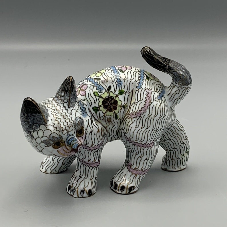 Vintage Chinese White Cloisonne Copper Brass Enamel Cat Figurine Statue ...