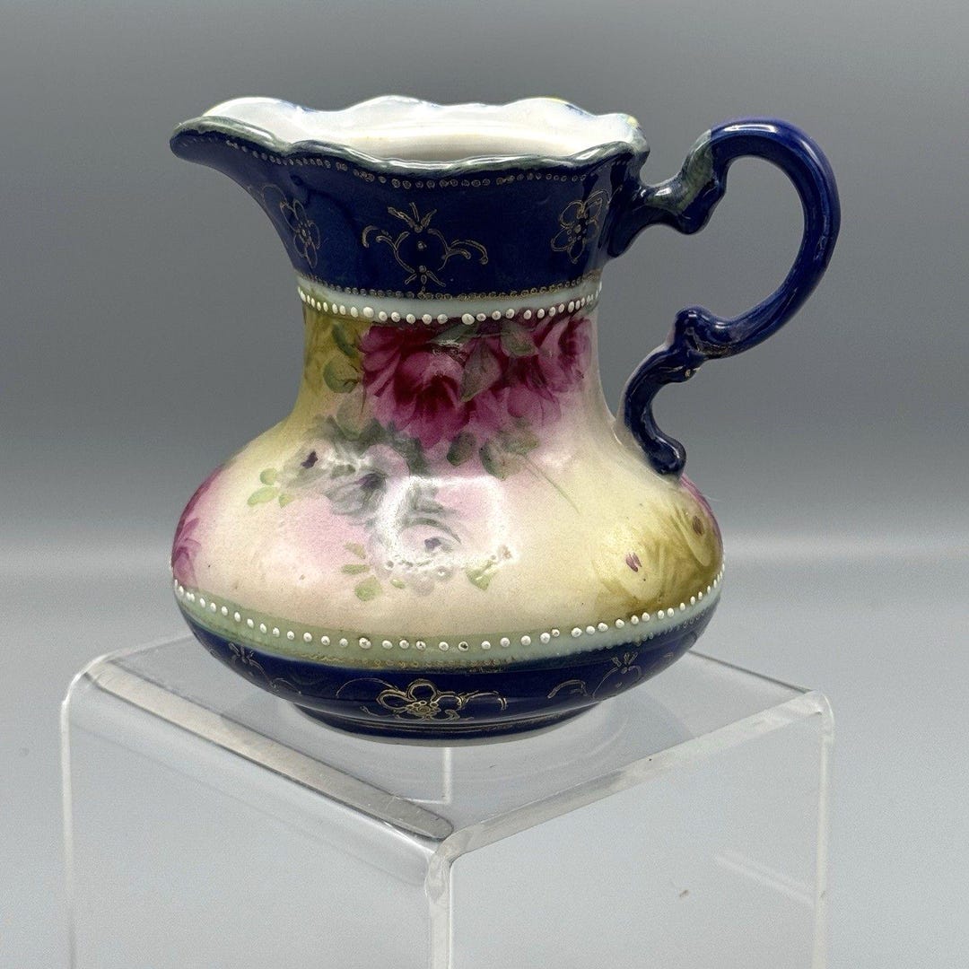 Vtg Nippon Hand Painted Creamer No Lid Blue Roses 1/4" Mapel Leaf ...