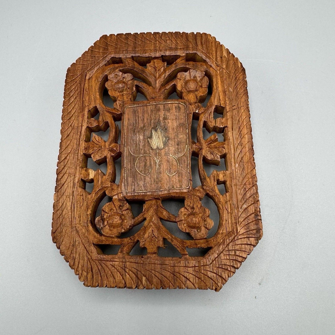 Vtg Wood Hand Carved Footed Trivet Plant Stand Rectangle India Boho ...