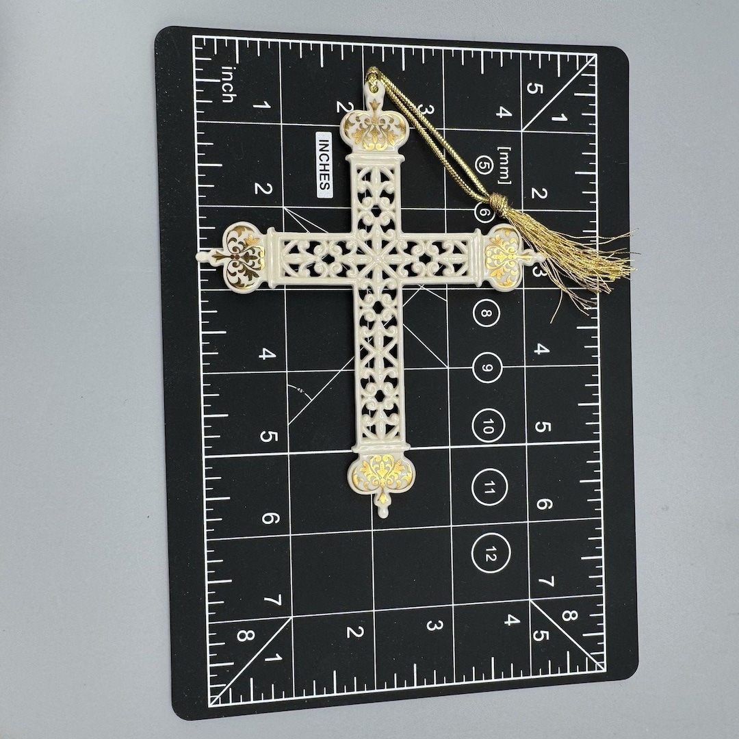 Vtg Annual Pierced Lenox Cross Christmas Ornament Gold Accent Religous ...