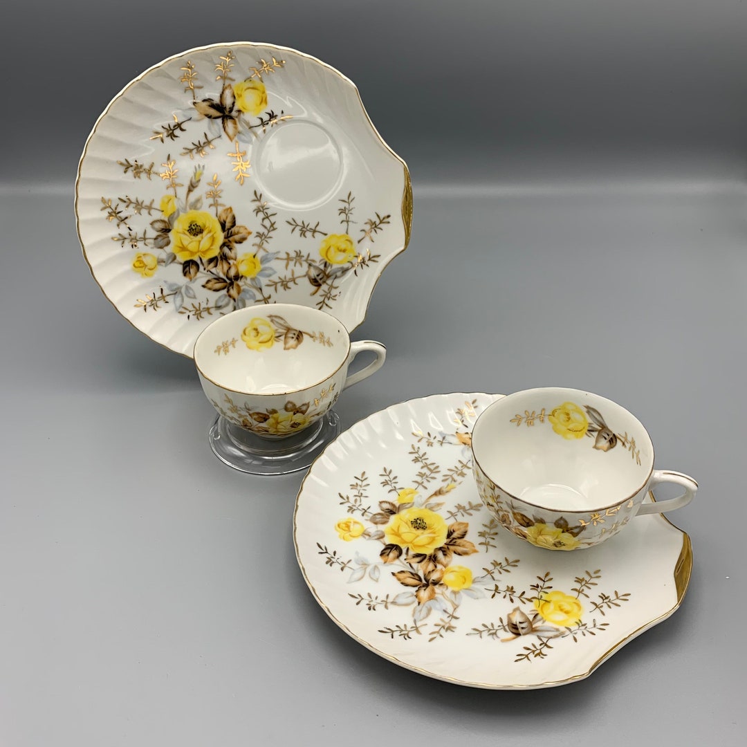 Vintage Yellow Rose China Snack Lunch Set 2 Cups and 2 Plates Shell ...