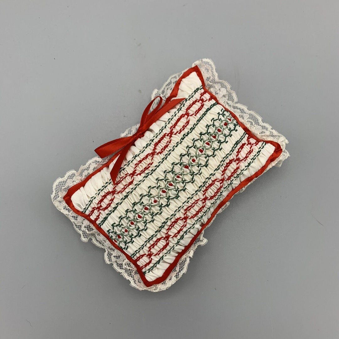 Vintage Small Smocked Handmade Doll Pillow Pin Cushion Holiday Decor ...