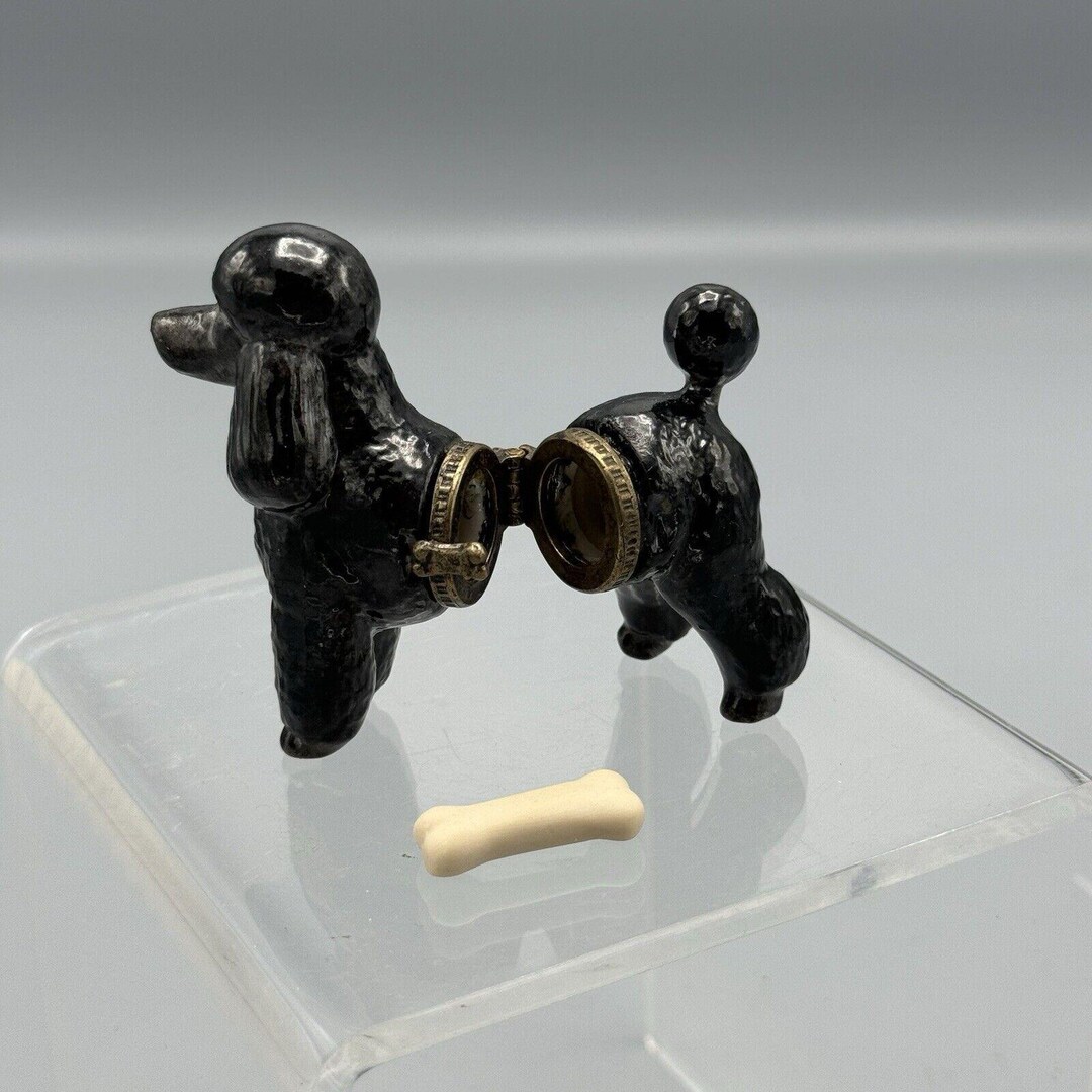 Vtg Unmarked Black Poodle Center Hinged Trinket Box Bone Insert Dogs ...