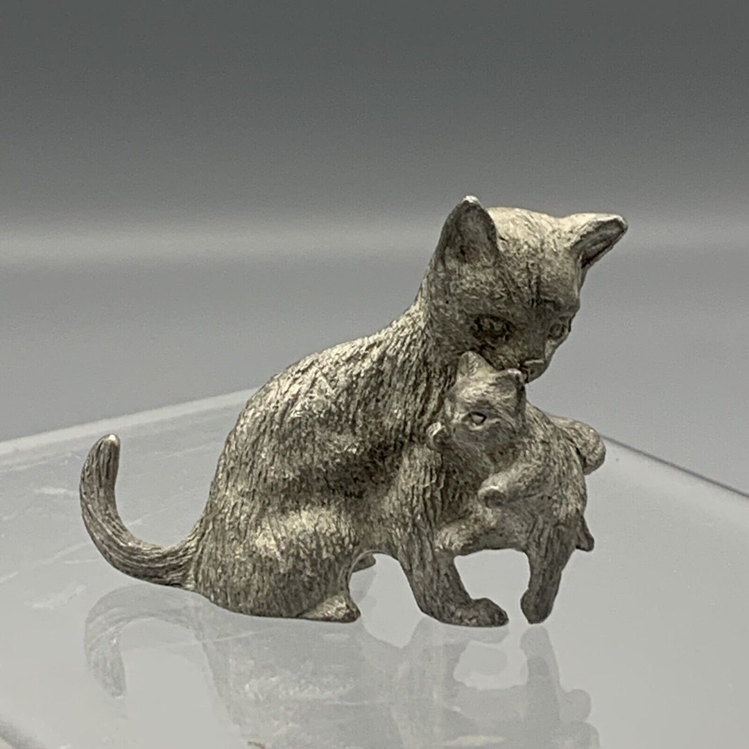 Spoonitques Pewter Miniature Mother Cat Carrying Kitten Figurine Fairy ...